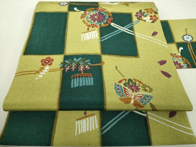 平和屋着物●全通柄九寸名古屋帯　花簪　舞扇　ぽっくり下駄　鬼しぼ縮緬　正絹　逸品　未使用　DAAV6450ps