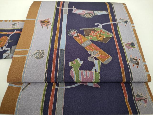 平和屋着物●全通柄九寸名古屋帯　玩具文様　金彩　正絹　逸品　未使用　DAAV6452ps