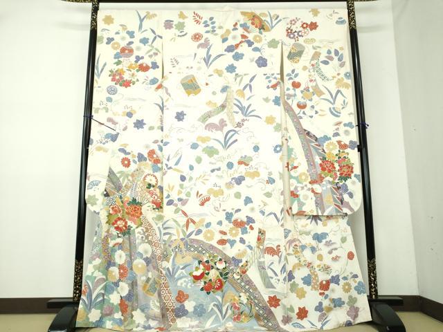 平和屋着物●豪華振袖　駒刺繍　立波扇面花文　金彩　正絹　逸品　DAAV6520ps