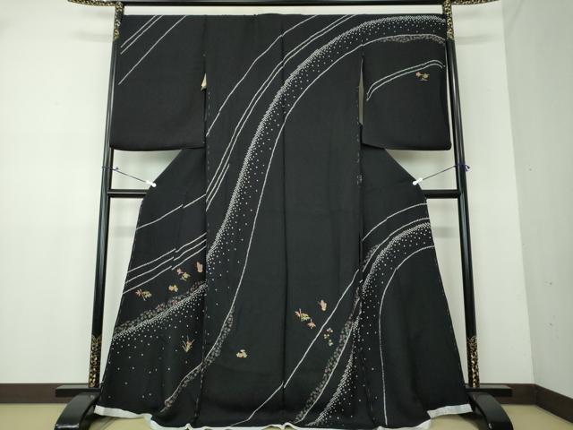 平和屋着物●中国三大刺繍　相良刺繍　訪問着　絞り　舞蝶花文　黒地　金糸　上代38万　仮絵羽　正絹　逸品　未使用　DAAV6535ps