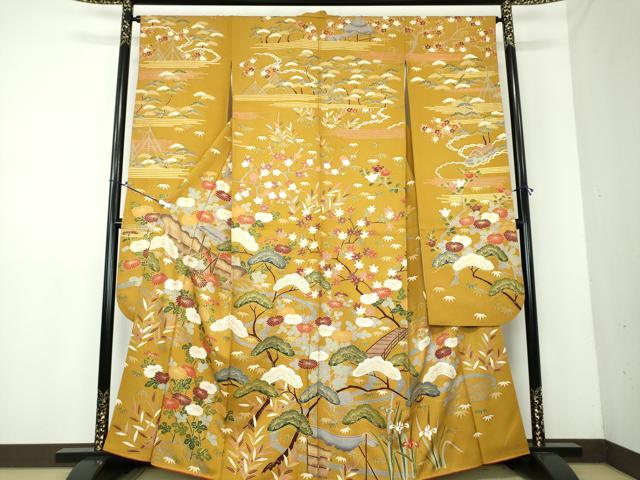 平和屋着物●豪華振袖　駒刺繍　渡橋風景花文　金彩　正絹　逸品　DAAV6609ps