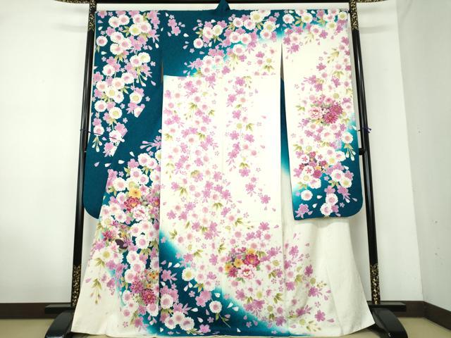 平和屋着物●豪華振袖　刺繍　枝垂れ桜　花丸文　暈し染め　金彩　銀通し地　正絹　逸品　DAAV6618ps