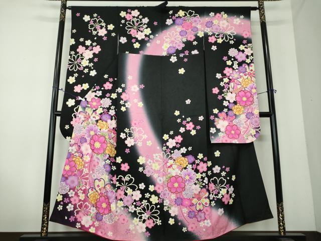 平和屋着物●豪華振袖　花手毬　舞桜　黒地　暈し染め　金彩　正絹　逸品　DAAV6634ps