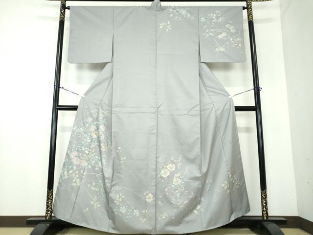 平和屋着物●訪問着　紬地　作家物　手描き　枝花文　金糸　正絹　逸品　DAAV6674ps