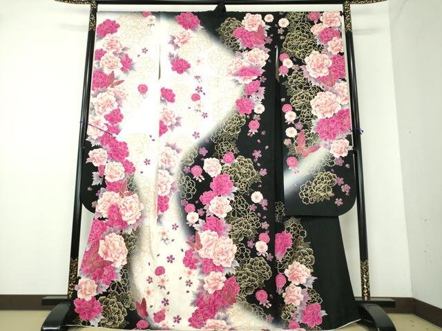 平和屋着物●極上　振袖　駒刺繍　舞蝶牡丹文　舞桜　暈し染め　金彩　正絹　逸品　DAAV6695ps