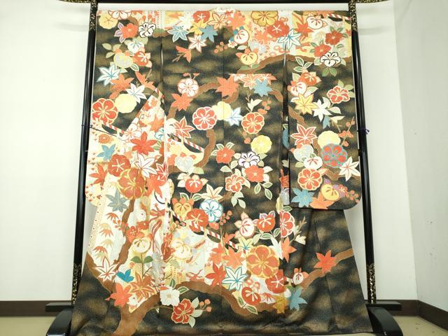 平和屋着物●極上　振袖　駒刺繍　吉祥花鳥文　金彩　正絹　逸品　DAAV6712ps