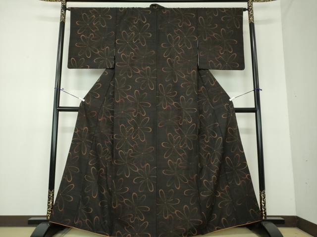 平和屋着物●小千谷紬　泥　舞花文　反端付き　正絹　逸品　DAAV6717ps