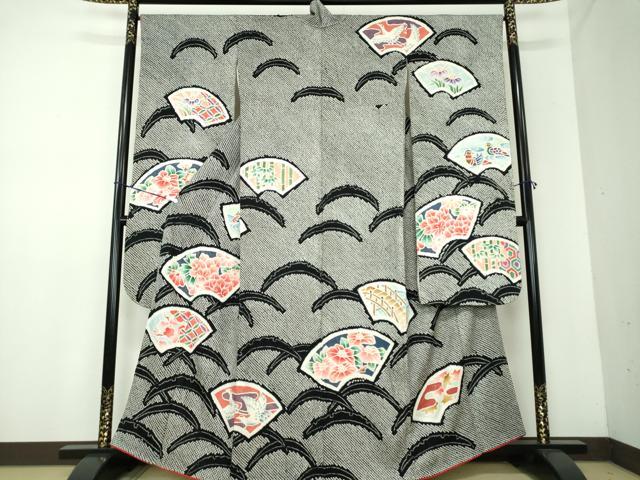 平和屋着物●豪華振袖　総絞り　地紙花鳥文　黒地　正絹　逸品　DAAV6720ps