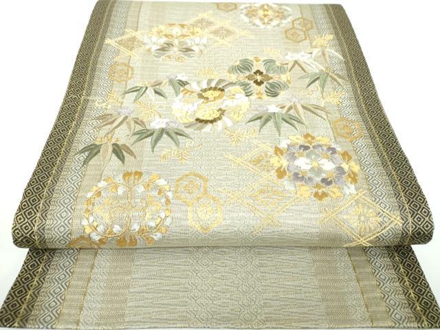 平和屋着物●ひなや工房　くむ・あむ・おる　伊豆蔵明彦　太鼓柄袋帯　刺繍　正倉院花文　金糸　正絹　逸品　未使用　DAAV6751ps