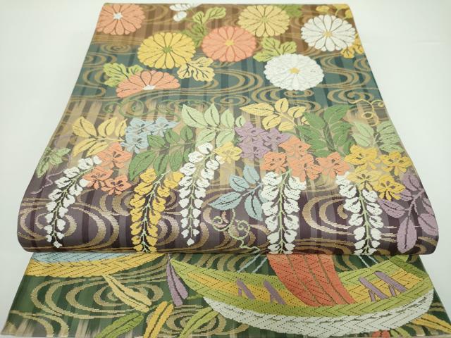 平和屋着物●六通柄袋帯　唐織　流水花文　帆掛け舟　金糸　正絹　逸品　DAAV6781ps