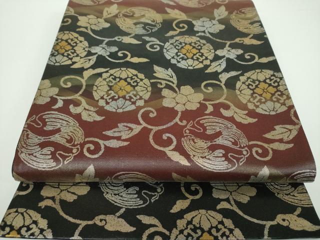 平和屋着物●六通柄袋帯　リズム♪　花鳥丸文　黒地　金銀彩　正絹　逸品　DAAV6792ps