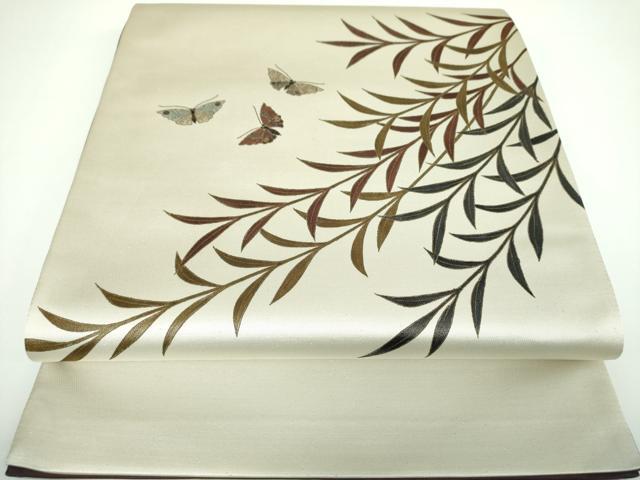 平和屋着物●染色作家　草野一騎　太鼓柄袋帯　枝垂れ柳　舞蝶文　正絹　逸品　DAAV6801ps