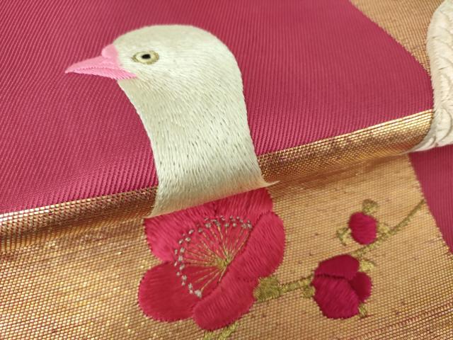 平和屋着物○アンティーク 大正ロマン 九寸名古屋帯 総手刺繍 飛鳥梅