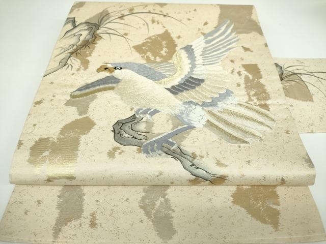 平和屋着物●アンティーク　大正ロマン　九寸名古屋帯　総手刺繍　手描き　鷹　金銀糸　正絹　逸品　DAAV6811ps