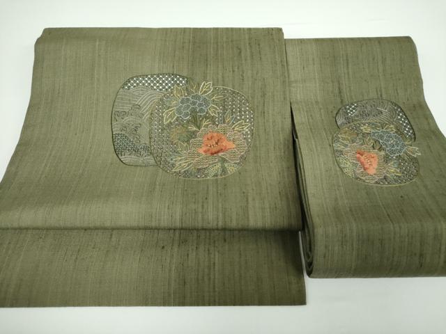 平和屋着物●中国三大刺繍　スワトウ相良刺繍　汕頭相良刺繍　総刺繍　つけ帯　紬地　立波牡丹文　金糸　正絹　逸品　DAAV6826ps