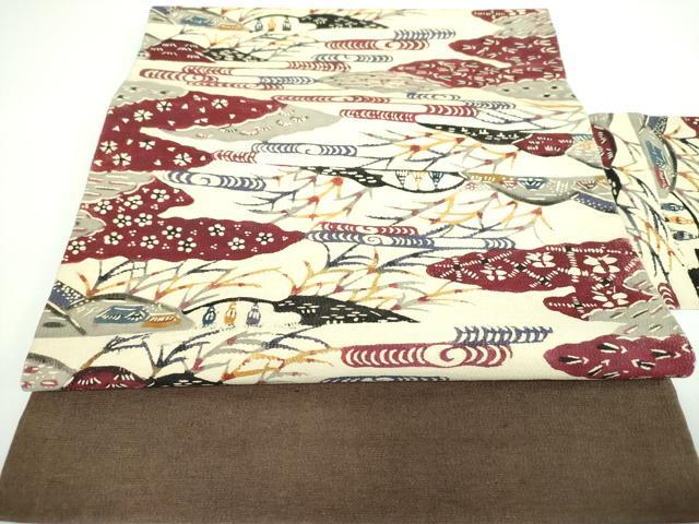 平和屋着物●九寸名古屋帯　型染　風景花文　正絹　逸品　DAAV6829ps