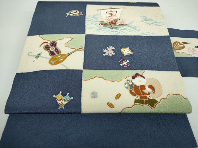 平和屋着物●九寸名古屋帯　七福神　大黒天　宝船　鬼しぼ縮緬　金彩　正絹　逸品　DAAV6831ps