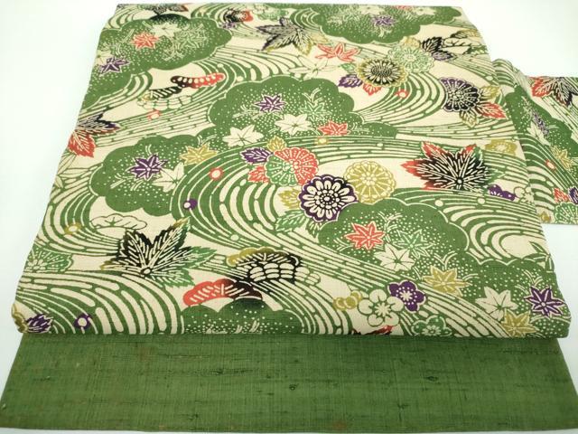 平和屋着物●九寸名古屋帯　生紬　型染　竜田川　雲取り花文　正絹　逸品　DAAV6847ps