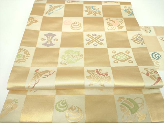 平和屋着物●九寸名古屋帯　市松宝尽くし　金糸　正絹　逸品　DAAV6850ps