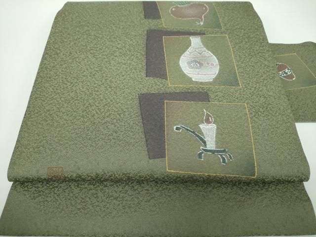 平和屋着物●九寸名古屋帯　作家物　手描き　成り物　器物花文　蝋燭　金彩　正絹　逸品　未使用　DAAV6854ps