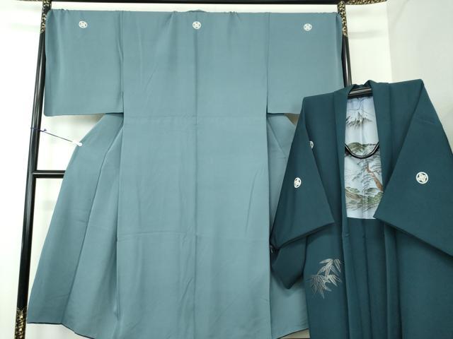 平和屋着物●男性　色紋付　羽織セット　キングサイズ　長羽織　着物・御召御納戸色　羽織・百入茶色　正絹　逸品　DAAV6859ps