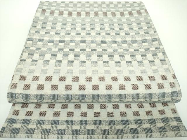 平和屋着物●両面　六通柄袋帯　紬地　格子　銀糸　正絹　逸品　DAAV6902ps