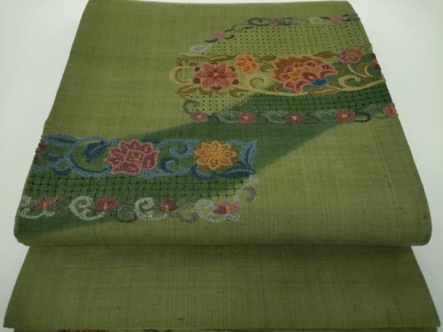 平和屋着物●中国三大刺繍　スワトウ相良刺繍　汕頭相良刺繍　総刺繍　太鼓柄袋帯　紬地　更紗花文　正絹　逸品　未使用　DAAV6908ps