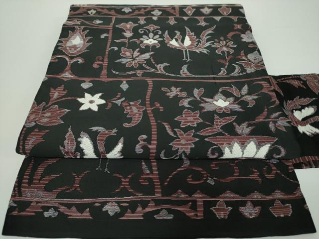 平和屋着物●九寸名古屋帯　飾花鳥文　黒地　銀糸　正絹　逸品　DAAV6921ps