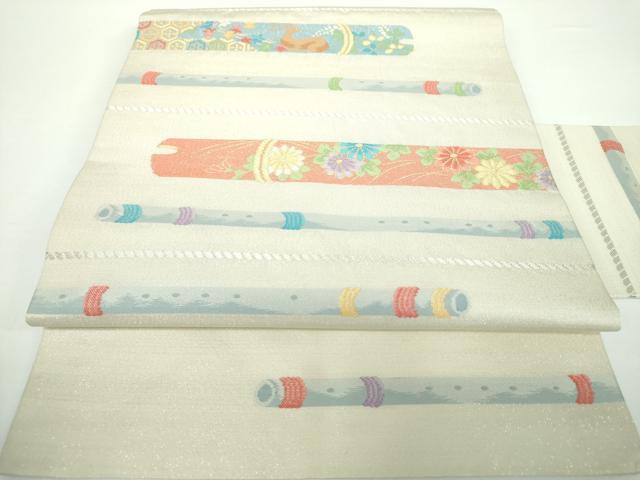 平和屋着物●九寸名古屋帯　横笛鹿花文　金銀糸　正絹　逸品　DAAV6924ps