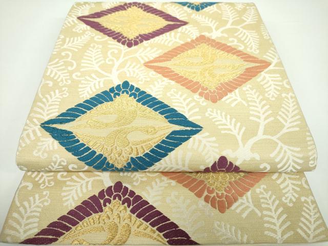 平和屋着物●俵屋　人間国宝　喜多川平朗  有職織物　九寸開き名古屋帯　唐織　双鶴菱　金糸　正絹　逸品　DAAV6942ps