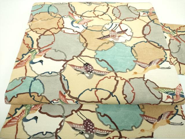 平和屋着物●九寸名古屋帯　紬地　型染　雪輪飛鶴文　正絹　逸品　DAAV6944ps