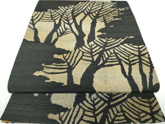 平和屋着物●全通柄袋帯　紬地　木立　黒地　正絹　逸品　DAAV6979ps