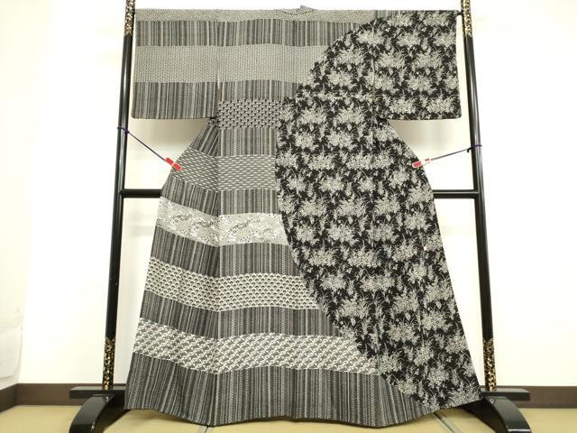 平和屋着物●訪問着　作家物　型染め　草花文　黒地　正絹　逸品　DAAV8591tw