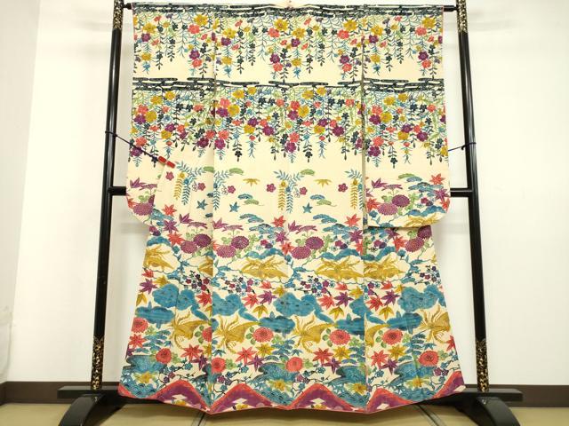 平和屋着物●豪華振袖　型染め　雲取り花鳥文　三越扱い　正絹　逸品　DAAV8630tw