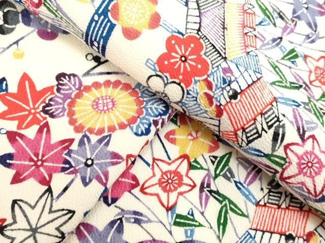 平和屋着物●上質な小紋　型染め　風景草花文　鬼しぼ縮緬　正絹　逸品　DAAV8718tw