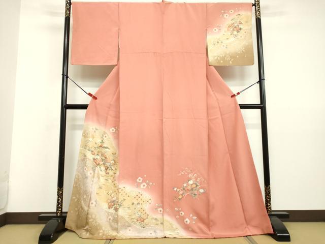 平和屋着物●訪問着　流水地紙草花文　暈し染め　金銀彩　ロング丈　正絹　逸品　DAAV8821tw