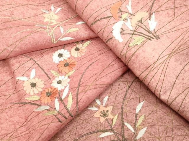 平和屋着物●訪問着　紬地　刺繍　草花文　金彩　正絹　逸品　DAAV8822tw