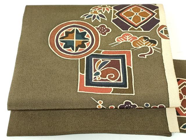 平和屋着物●九寸名古屋帯　作家物　型染め　幾何学花松兎文　鬼しぼ縮緬　正絹　逸品　DAAV9013ob