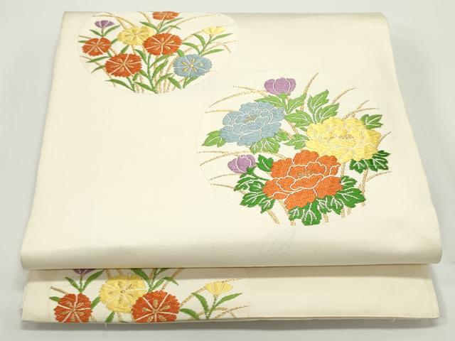 平和屋着物●西陣　六通柄　本袋帯　唐織　錦本製　花丸文　生成り色　金糸　正絹　逸品　DAAV9023ob