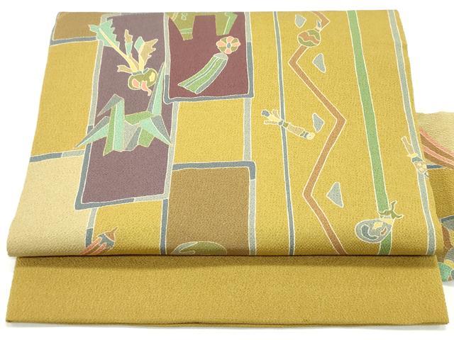 平和屋着物●全通柄九寸名古屋帯　型染め　成り物　幾何学間道　金彩　鬼しぼ縮緬　正絹　逸品　DAAV9428ob