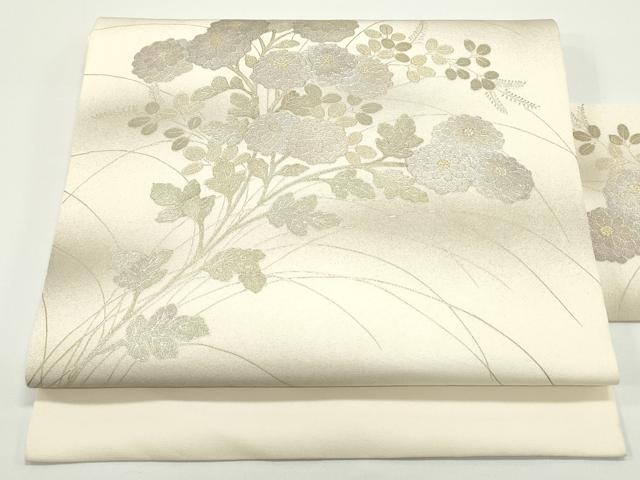 平和屋着物●塩瀬　九寸名古屋帯　霞草花文　薄卵色　金銀彩　正絹　逸品　DAAV9029ob