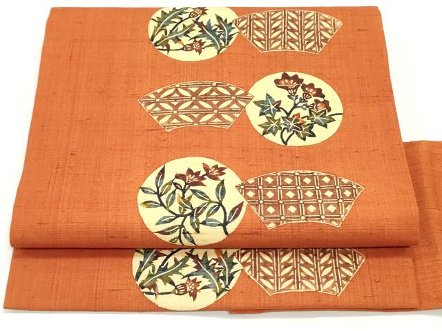 平和屋着物●九寸名古屋帯　作家物　生紬　型染め　地紙草花丸文　黄赤色　正絹　逸品　DAAV9050ob