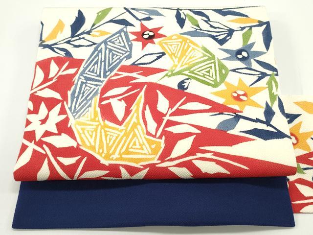 平和屋着物●九寸名古屋帯　型染め　松皮菱枝花文　いろは歌　鬼しぼ縮緬　正絹　逸品　DAAV9052ob