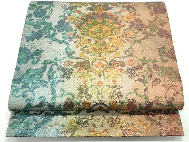 平和屋着物●両面　六通柄袋帯　紬地　更紗花唐草文　金彩　正絹　逸品　DAAV9072ob