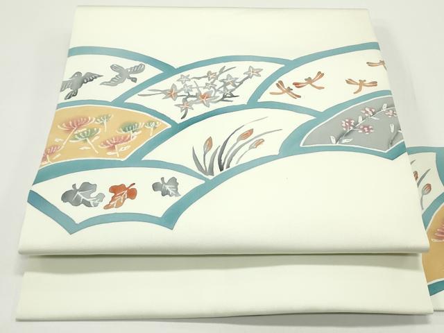 平和屋着物●塩瀬　九寸名古屋帯　型染め　地紙重ね花鳥文　灰黄緑色　正絹　逸品　DAAV9077ob