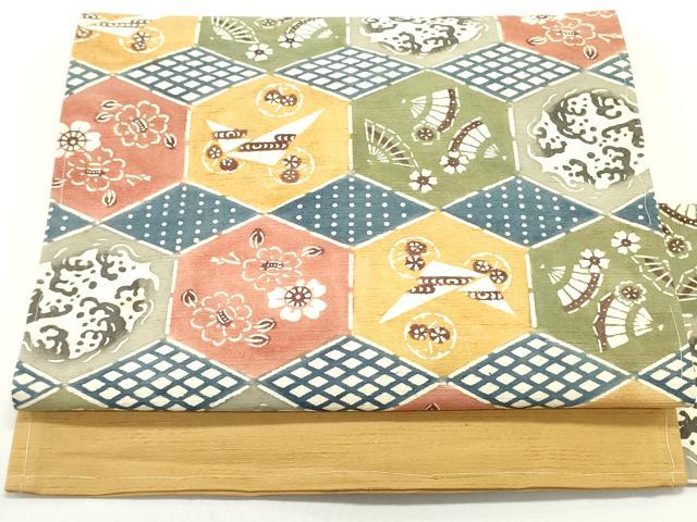 平和屋着物●九寸名古屋帯　紬地　型染め　亀甲花菱文　正絹　逸品　DAAV9083ob