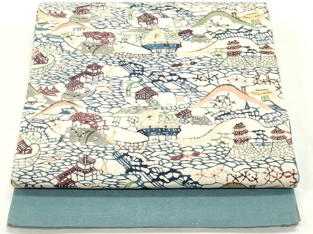 平和屋着物●九寸開き名古屋帯　紬地　型染め　風景文　正絹　逸品　DAAV9090ob