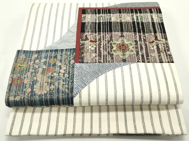 平和屋着物●両面　太鼓柄袋帯　玉蟲　紬地　絞り　駒刺繍　切嵌　色紙重ね花鳥唐草文　金糸　正絹　逸品　未使用　DAAV9094ob