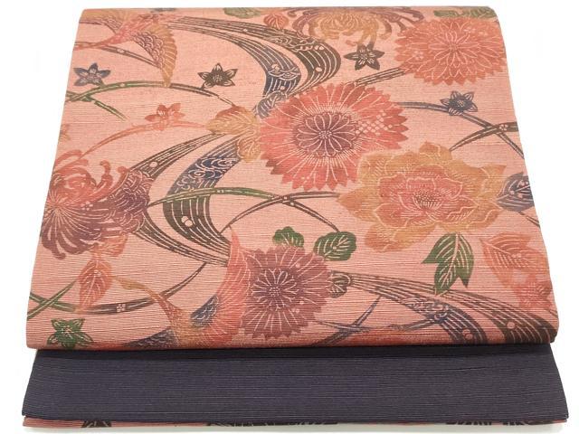 平和屋着物●九寸開き名古屋帯　紬地　型染め　流水飛鶴花文　赤丹色　正絹　逸品　DAAV9105ob