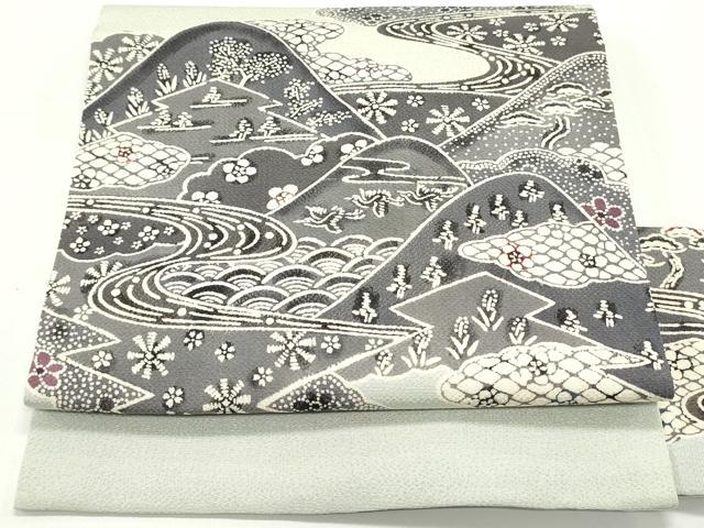 平和屋着物●九寸名古屋帯　型染め　流水風景飛鶴花文　鬼しぼ縮緬　正絹　逸品　DAAV9107ob